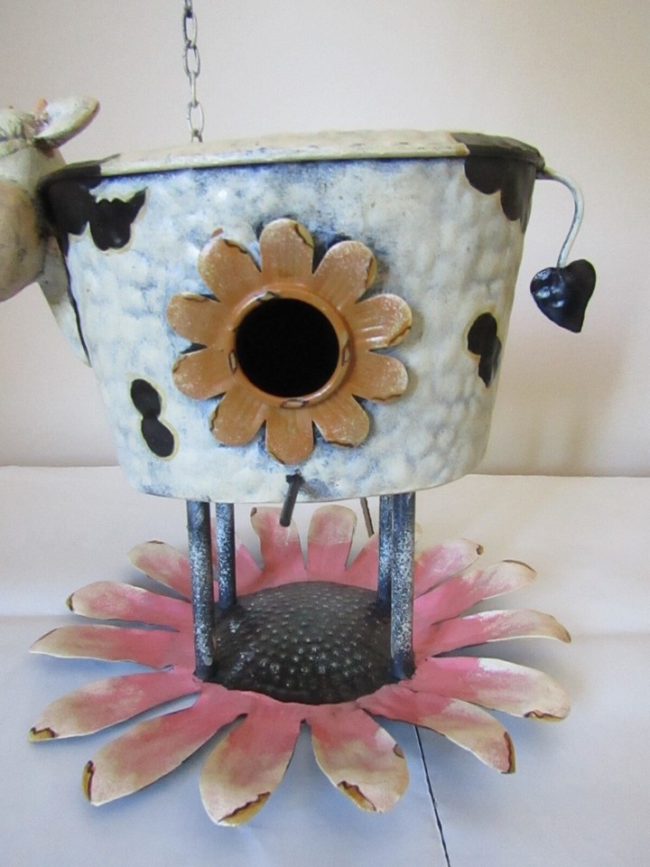 Holstein Cow & Sunflower Birdhouse - Metal Hanging Rustic Country Farm ...