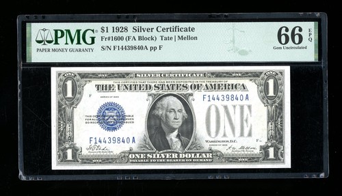 DBR 1928 $1 Silver Fr. 1600 Gem FA Block PMG 66 EPQ Serial F14439840A ...
