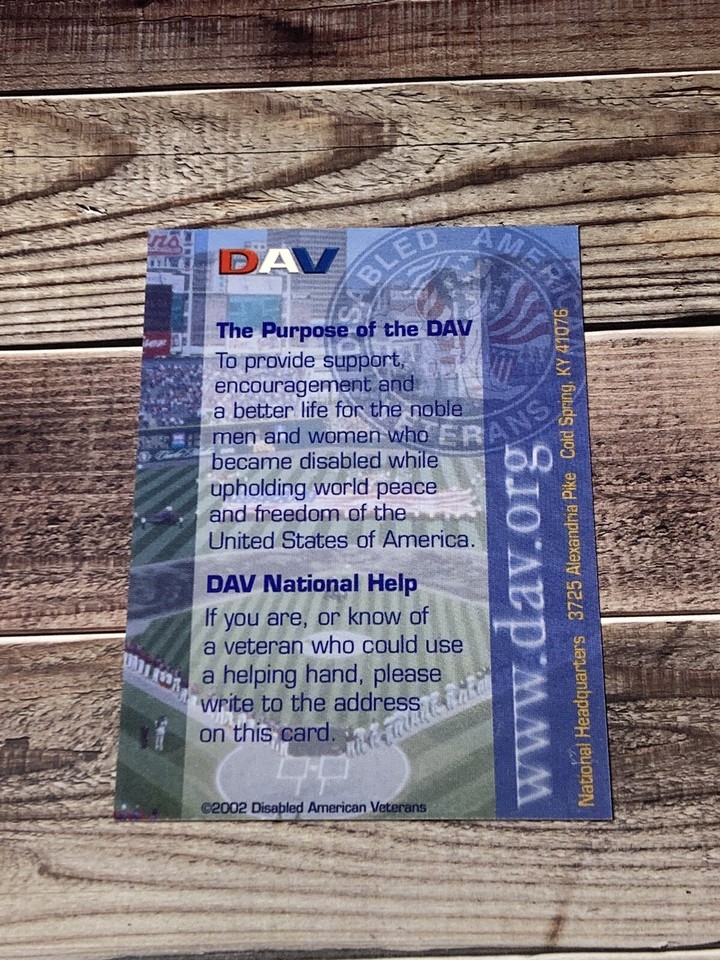 2002 DISABLED VETERANS DAV STADIUM GIVEAWAY US ARMY CARD TODD HELTON SP ...