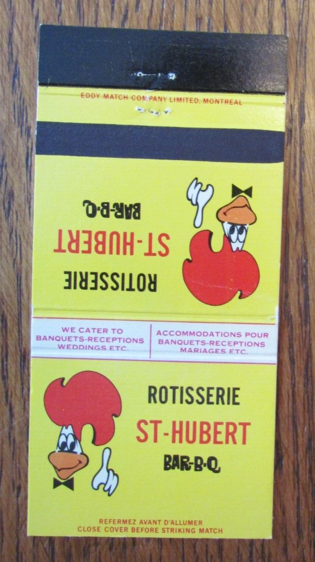 ST. HUBERT BAR-B-Q RESTAURANT MATCHBOOK MATCHCOVER: QUEBEC ONTARIO ...