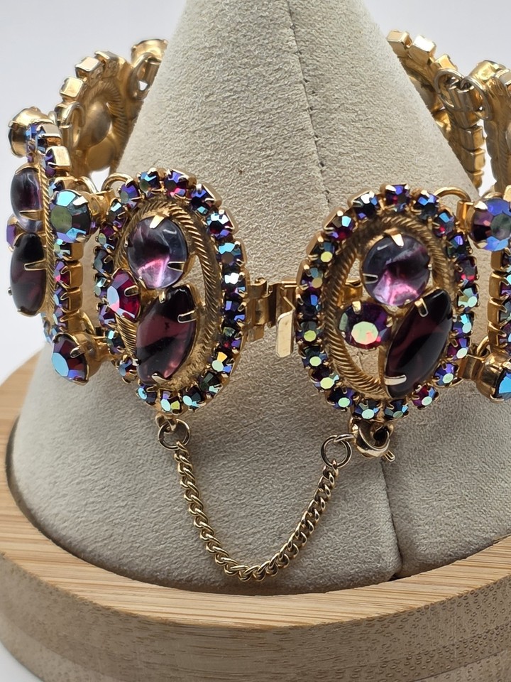 Vintage Purple, AB Rhinestone Gold Tone Bracelet Stunning 7.25 Inches ...