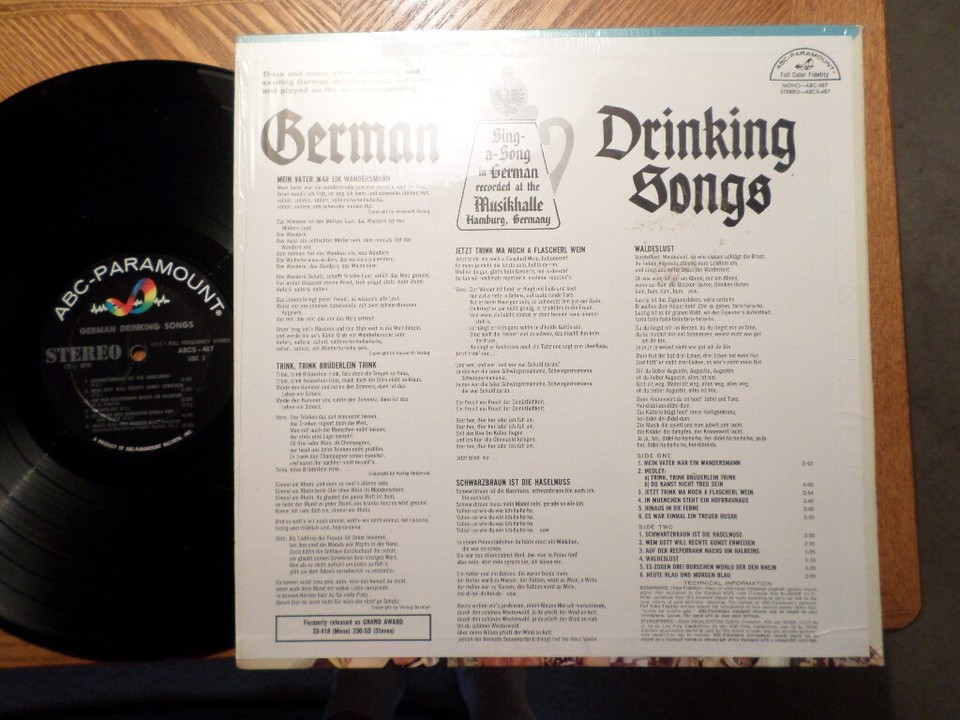 ABC LP RECORD/GERMAN DRINKING SONGS/MUSIKHALLE HAMBURG GERMANY/SHRINK ...