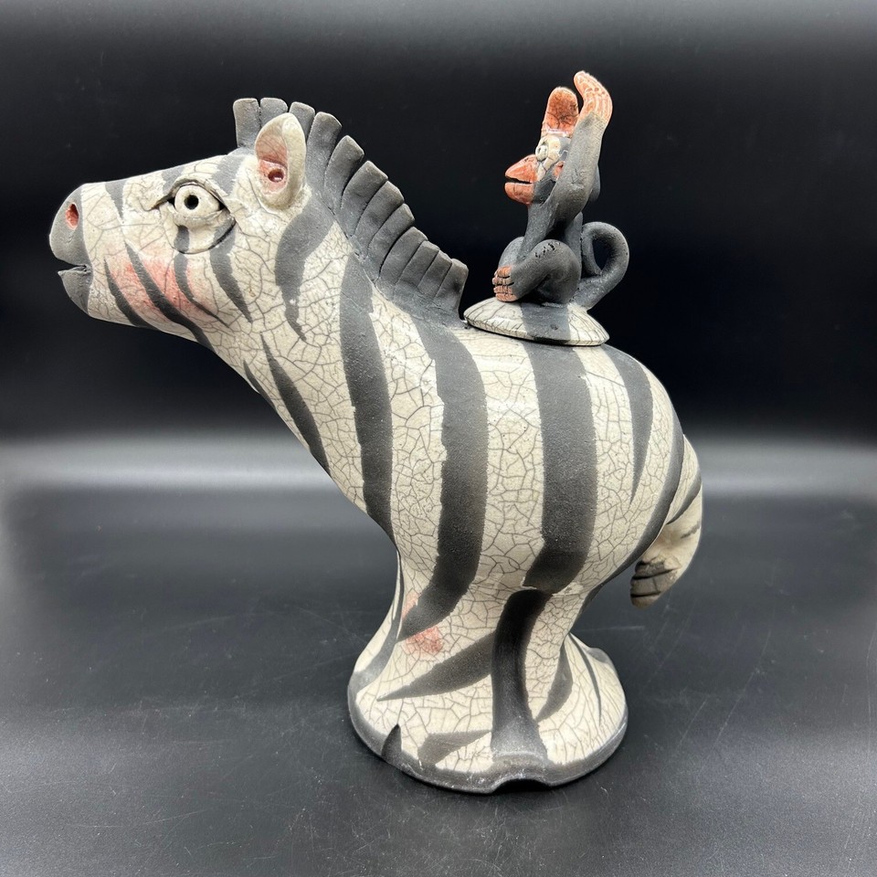 Peter Alsen Raku Pottery Oregon Zebra with Monkey Vessel Whimsical ...
