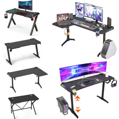 XXL LED Computer Gaming Desk Solid Steel Frame Straight Thick Plate ...
