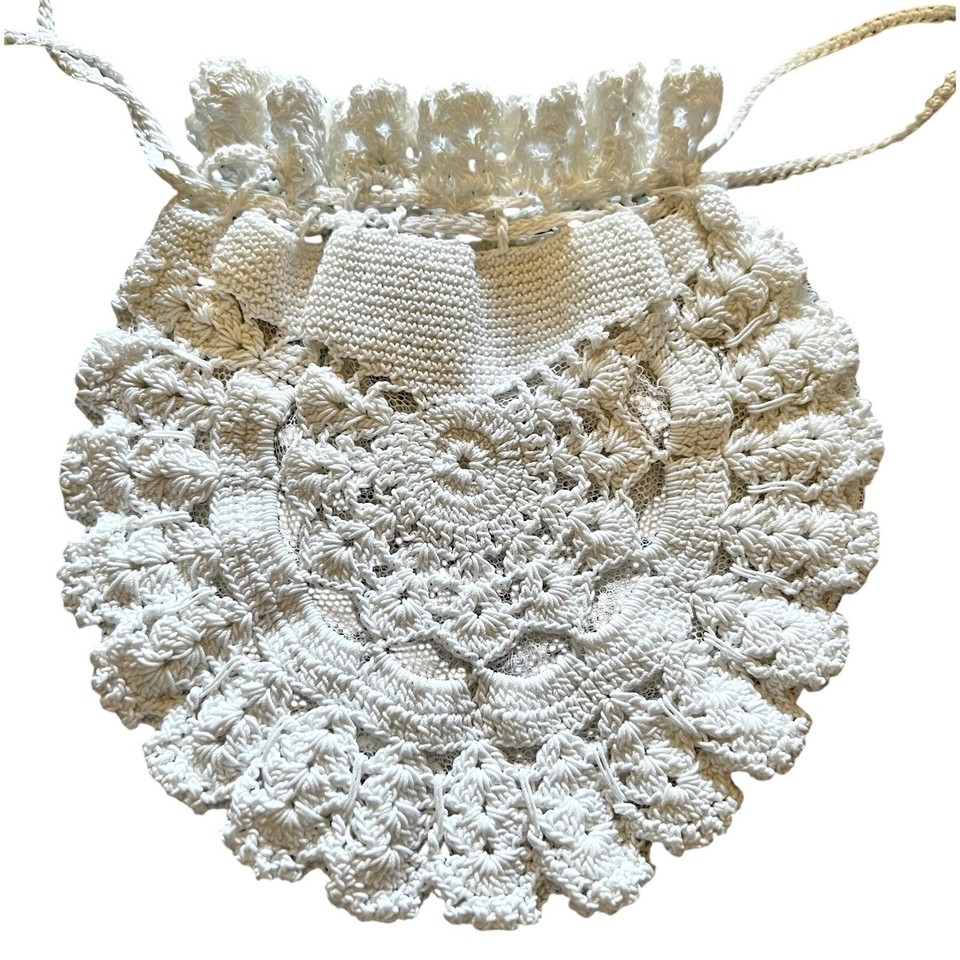 Handbag Hand Crocheted White Purse Drawstring Bag Bridal Victorian ...