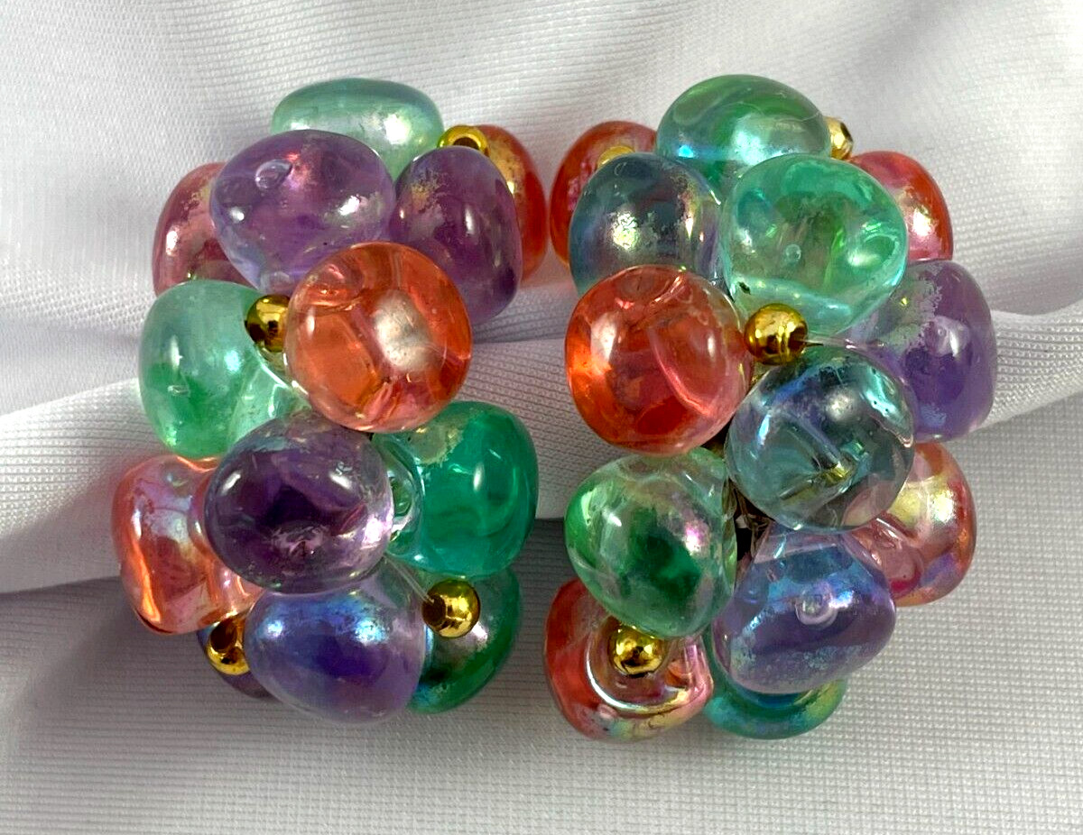 Vintage Bubble Lucite Multi Color Cluster Clip On Ear… - Gem