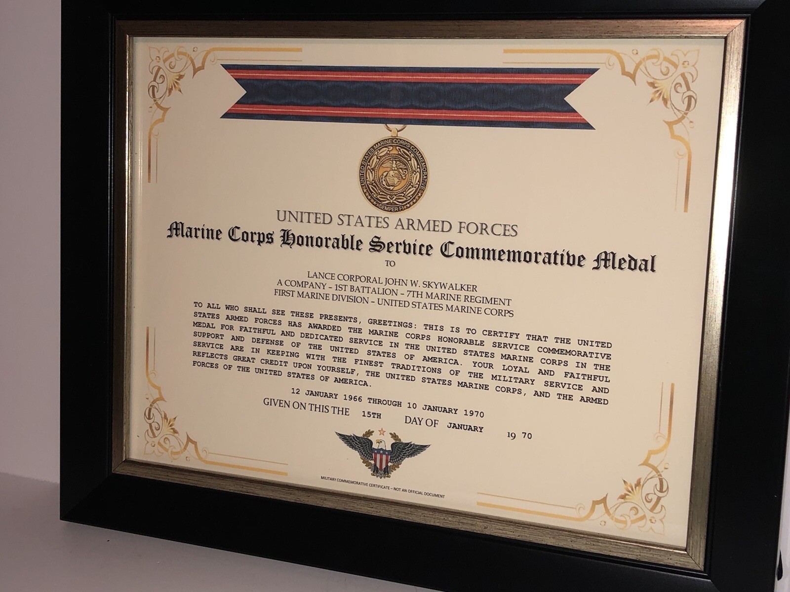 U.S. MARINE CORPS HONORABLE SERVICE COMMEMORATIVE MEDAL CERTIFICATE ...