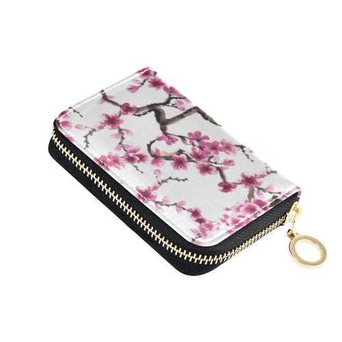 Pink Cherry Blossoms RFID Credit Card Wallet, Microfiber Leather Zipper ...