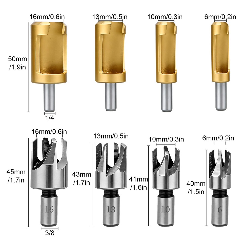 8Pcs Carbon Steel Wood Plug Hole Cutter Dowel Maker Cutting Shank Drill ...