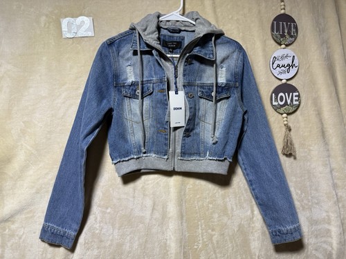 Love Tree Denim Cropped Jean Jacket NWT Sz S Hooded distressed | eBay
