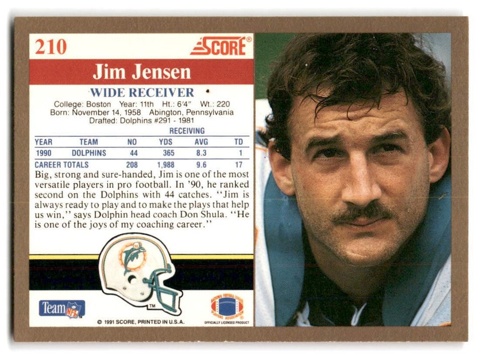 Jim Jensen 1991 Score #210 Miami Dolphins FOOTBALL | eBay