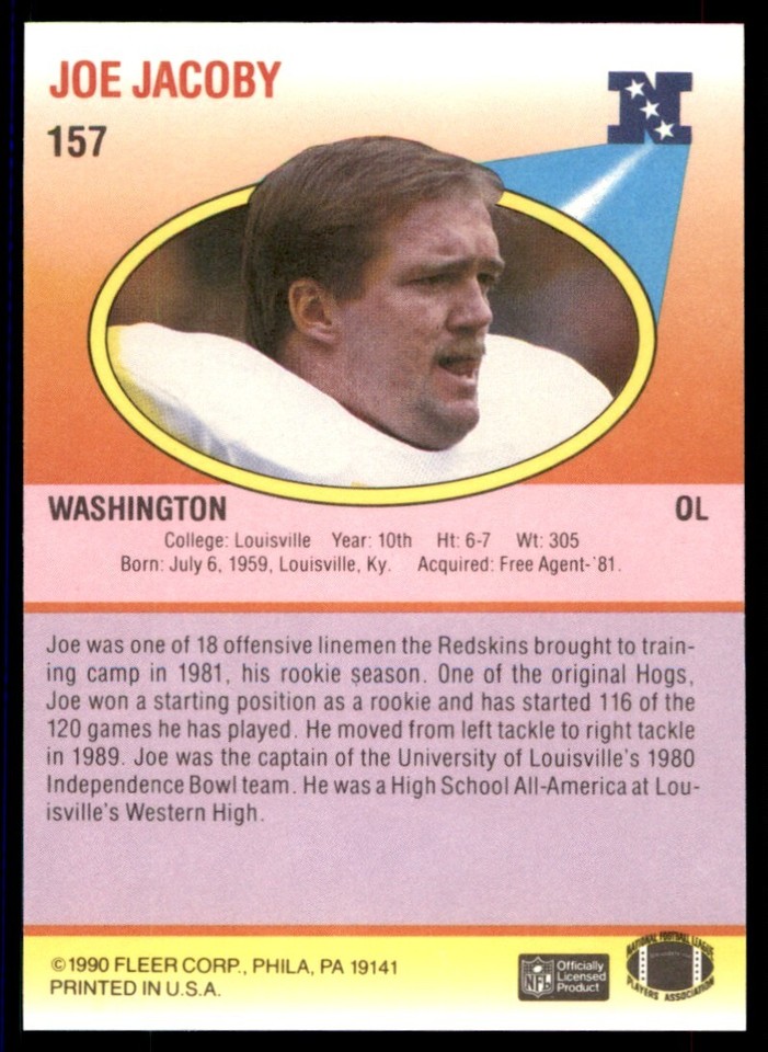1990 Fleer Joe Jacoby Washington Redskins #157 | eBay