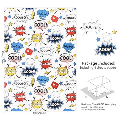 Comic Book Wrapping Paper for Boys Girls Kids, BOOM WOW OOOPS Colorful ...