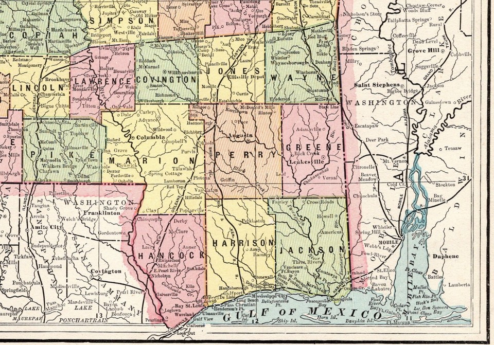 1891 Antique Mississippi State Map George Cram Atlas Map of Mississippi ...