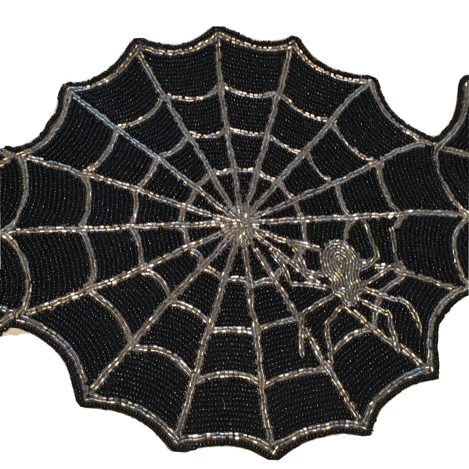 Tahari Halloween Beaded Spiderweb Table Runner Centerpiece Black Silver Spiders | eBay
