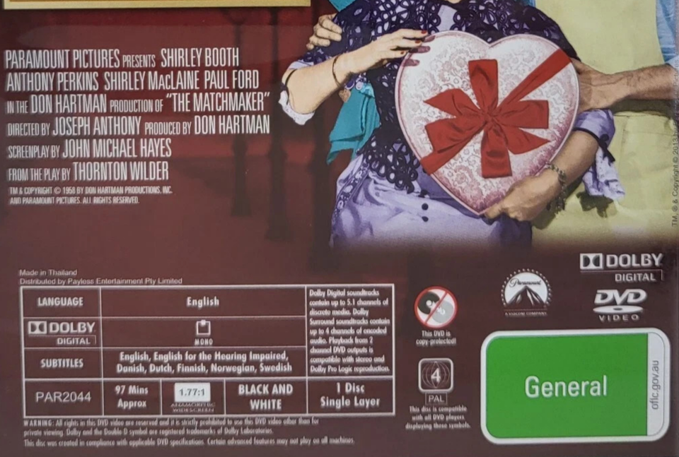 THE MATCHMAKER DVD 1958 PERKINS MacLAINE BOOTH REGION 4 BRAND NEW ...