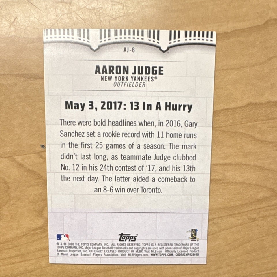 Topps 2018 Aaron Judge AJ-6 New York Yankees Wal-Mart Highlights ...