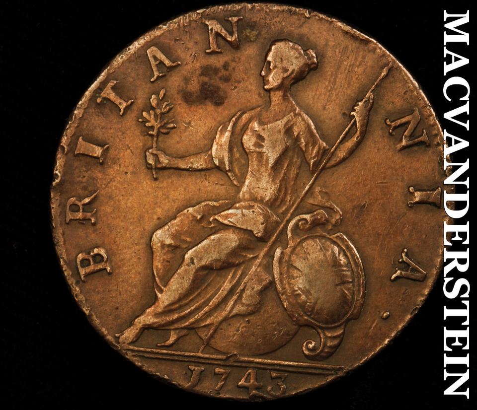Great Britain: 1743 Half Penny - Scarce Extra Fine Better Date #B4228 ...