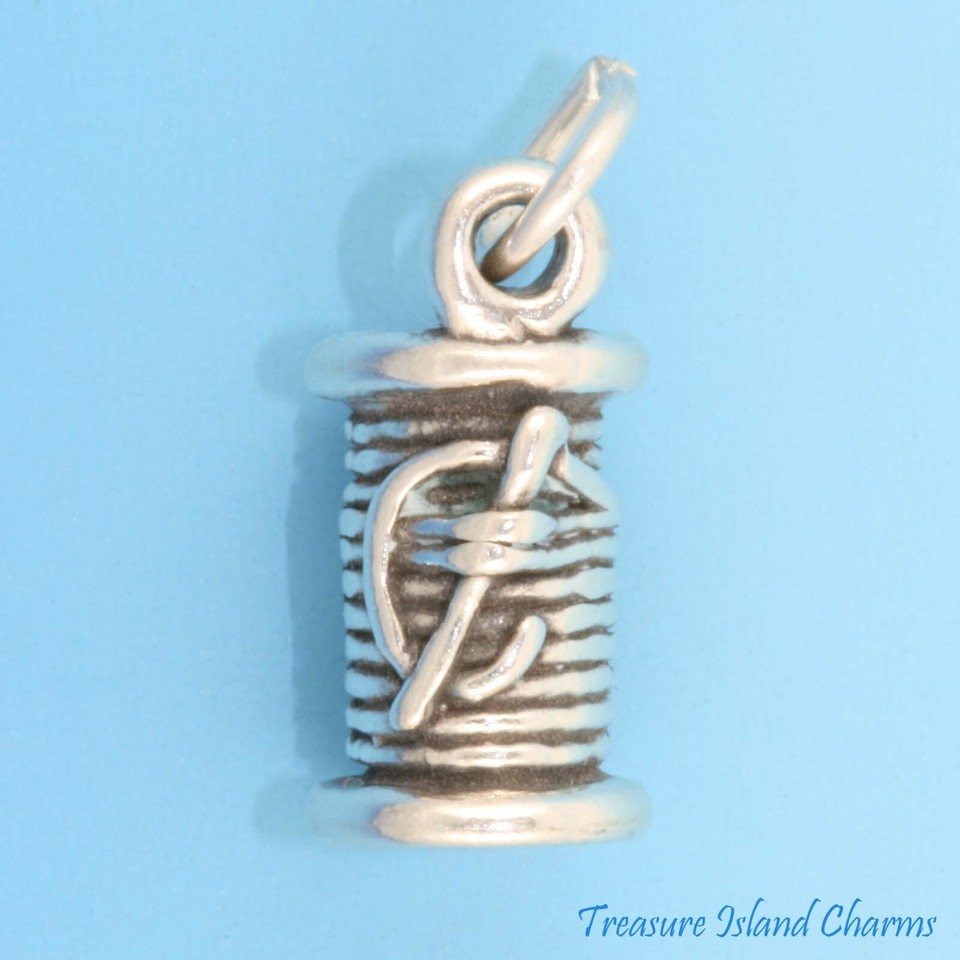Sewing Thread Spool and Needle 3D 925 Sterling Silver Charm Seamstress ...