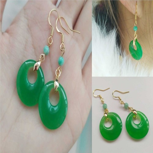 Natural Jadeite jade Peace buckle Earrings Eardrop Crystal Everyday ...