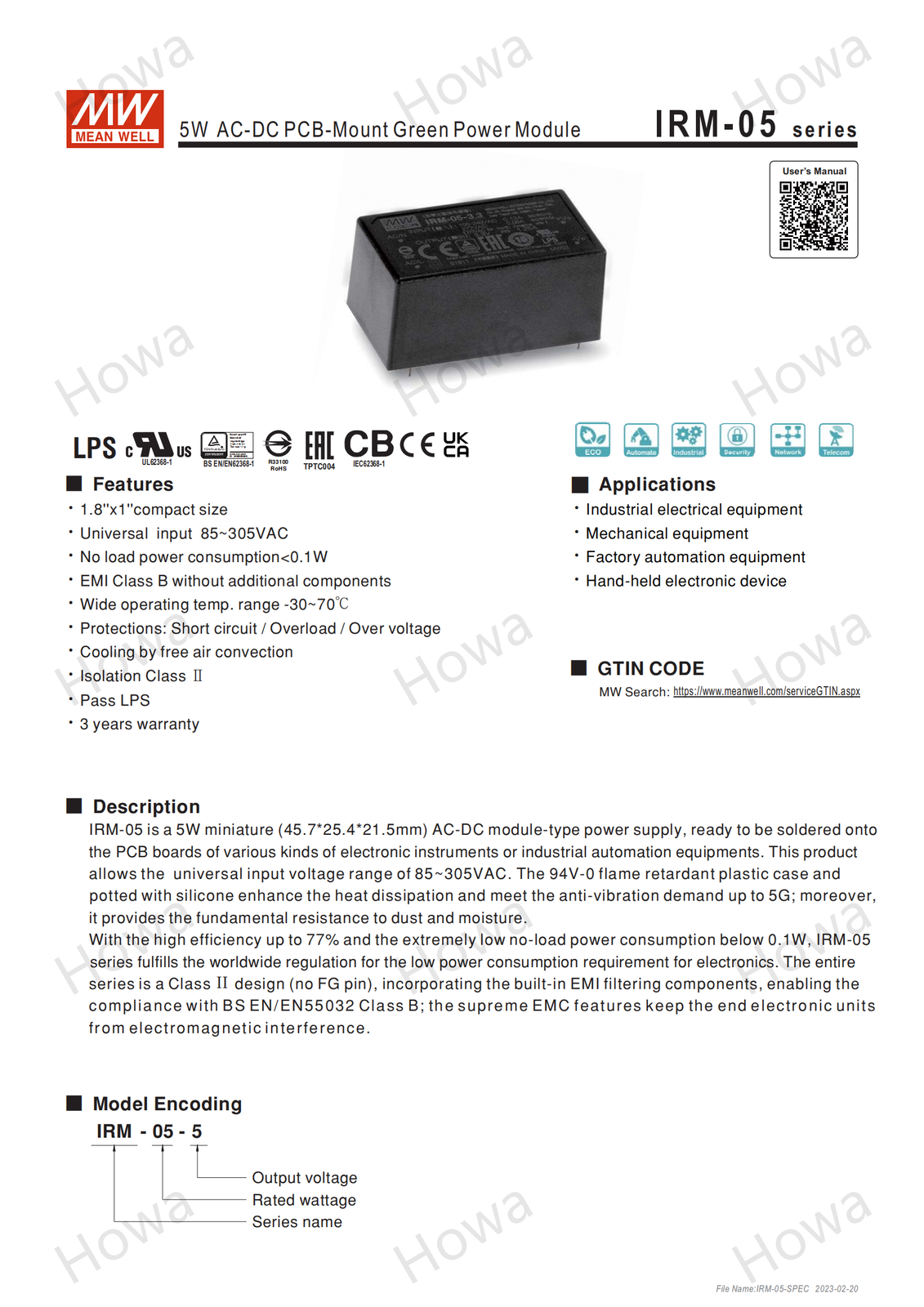 Mean Well IRM-05 switching power supply 3.3V5V9V12V24V pin type 5W AC ...