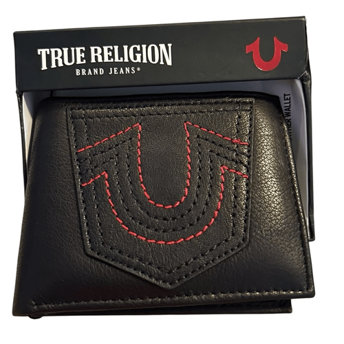 New TRUE RELIGION L-Fold Wallet Stitched Logo Black Leather Ricky Red ...