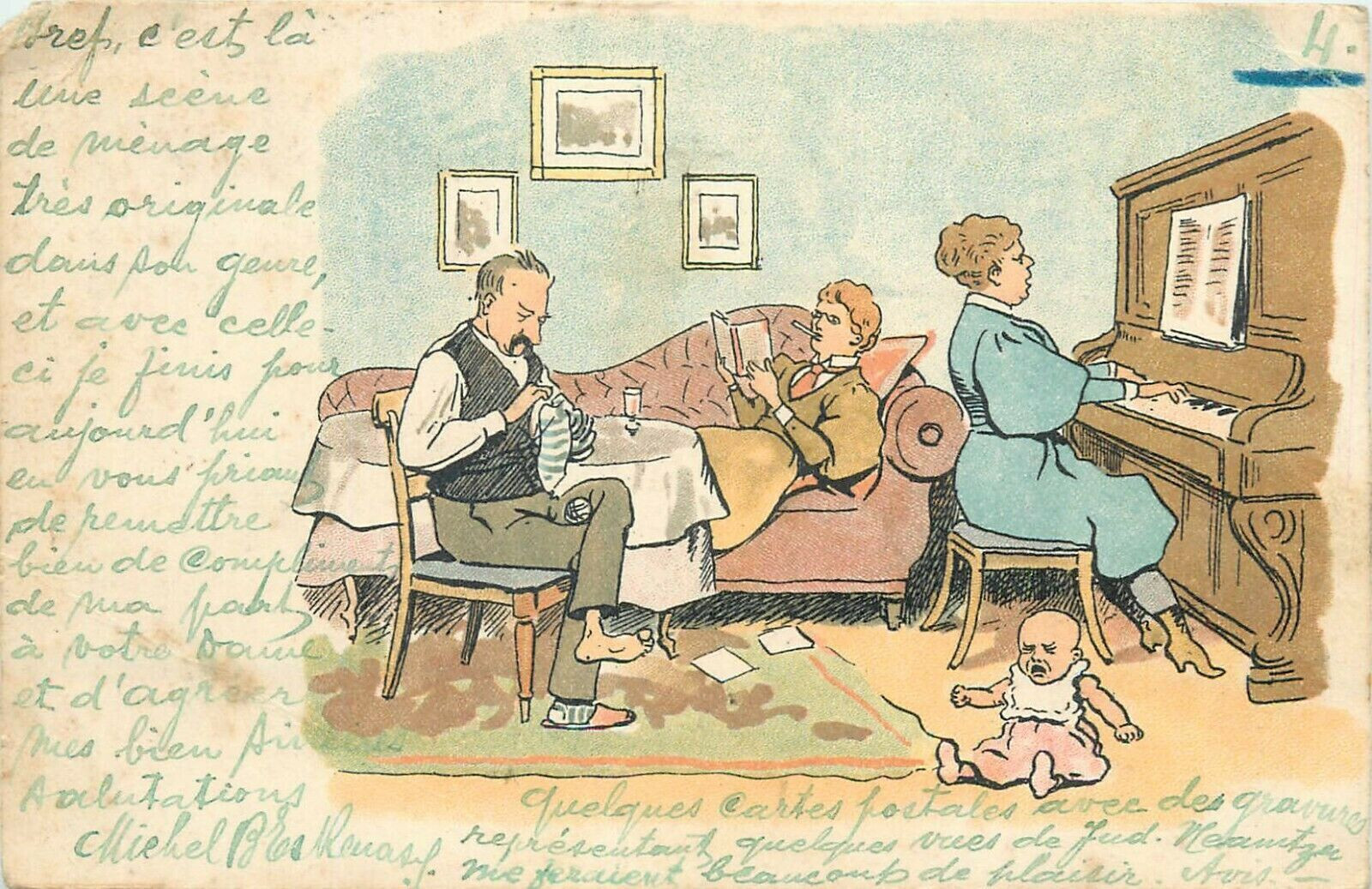 Comic several generations caricature household scene vintage 1899 humor ...