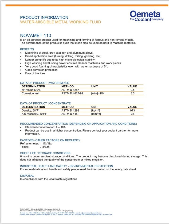 Oemeta Novamet 110, 55 Gallon Drum Metalworking Fluid Semi-synthetic | eBay