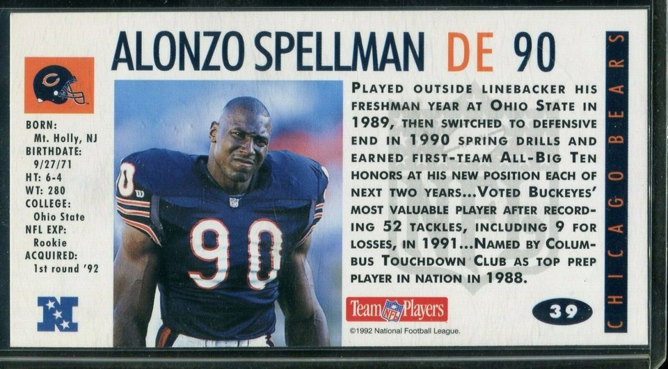 1992 Game Day Tall Boy Alonzo Spellman #39 Chicago Bears | eBay