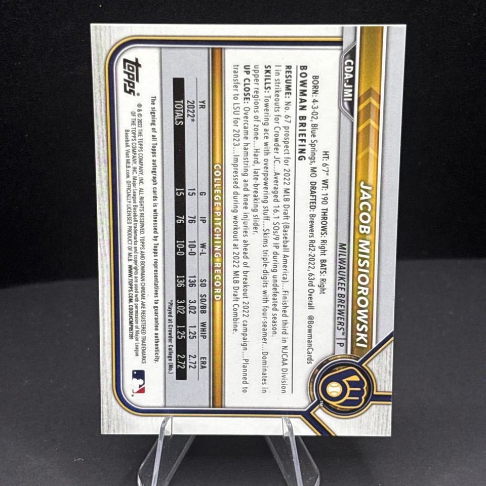 Jacob Misiorowski 2022 Bowman Draft Chrome 1st Auto RC #CDA-JMI - Brewers | eBay