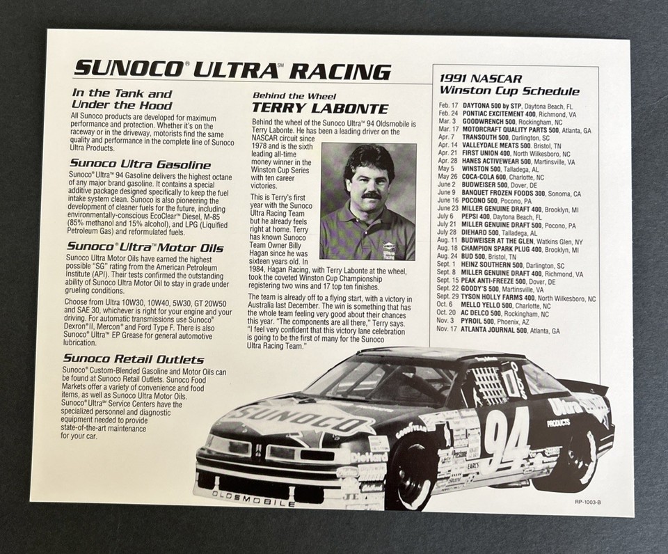 1991 TERRY LABONTE Signed 8x10 Sunoco Racing #94 Oldsmobile Hero Promo ...