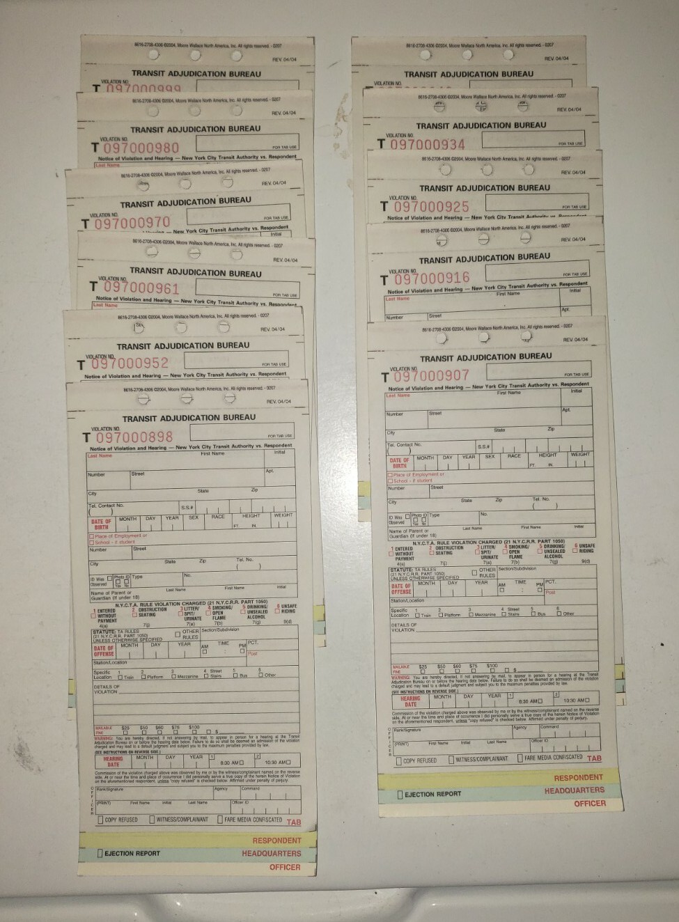 NYPD Transit Bureau TAB Summons Police Ticket NYCTP MTA ADJUDICATION ...