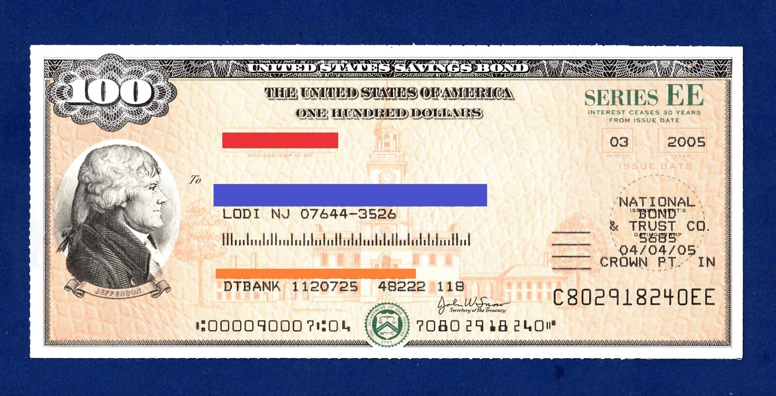 US SAVING BOND JEFFERSON 100 00 2005 SERIES EE GREEN SEAL UNCANCELLED us-saving-bond-jefferson-100-00-2005-series-ee-green-seal-uncancelled