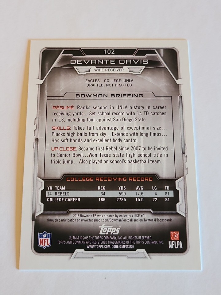 2015 Devante Davis #102 Rookie Rc Bowman Football | eBay