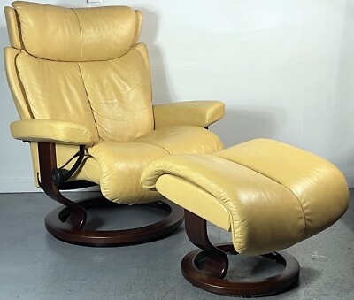 Ekornes Stressless Large Yellow Leather "Magic" Swivel Recliner Chair ...