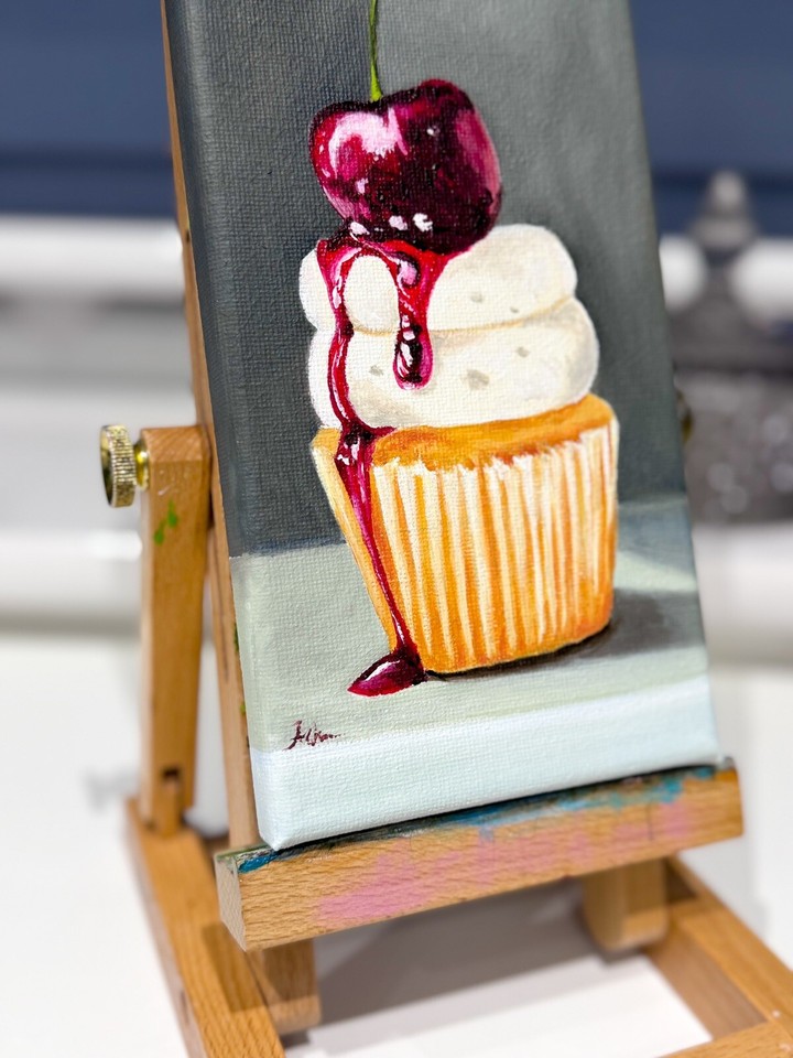 Original oil painting 4x8 On Canvas Cherry Cupcake Still Life Fine Art ...