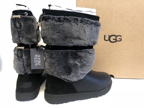 UGG Australia REYKIR Black LEATHER SHEEPSKIN WATERPROOF BOOTS 1018604 ...