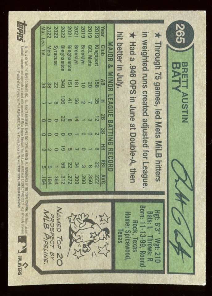 2023 Topps Heritage #265 Brett Baty RC PURPLE Rookie Card New York Mets ...