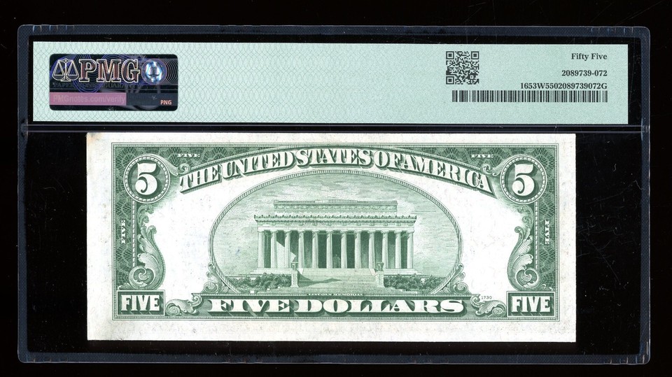 DBR $5 1934-C Silver Fr. 1653W LA Block Wide Face PMG 55 Serial ...