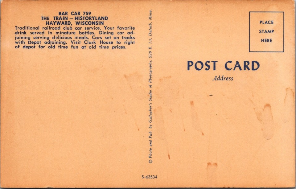 Hayward Wisconsin Railroad club car service train history land postcard ...