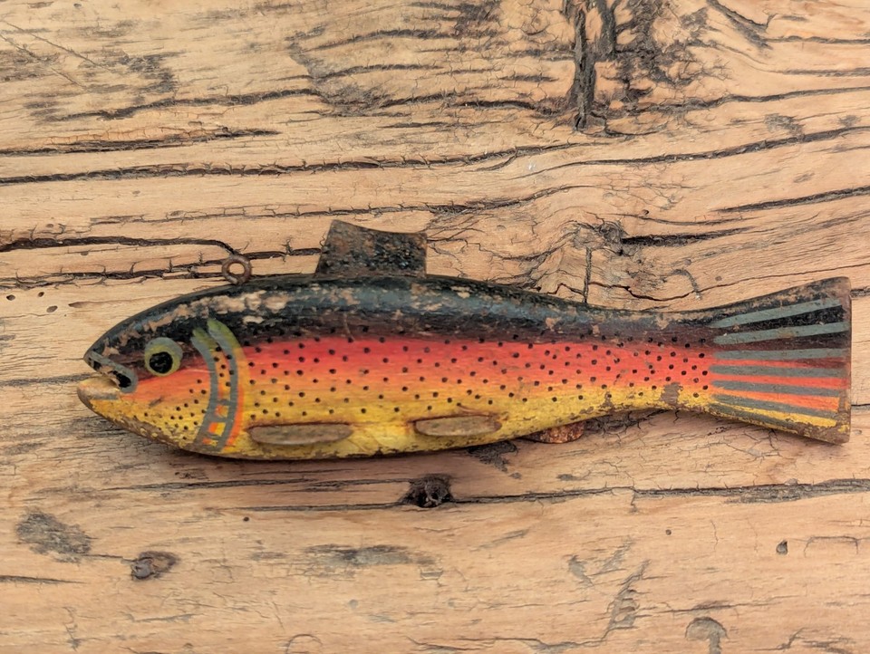 Lot of 2 Carved Ice Spear Fishing Lure Decoys Sunfish, Rainbow Trout ...