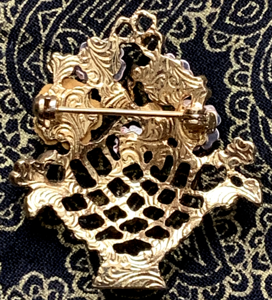 VTG 1928 Jewelry CO. Brooch Gold Tone Basket Bouquet Glass Strass ...