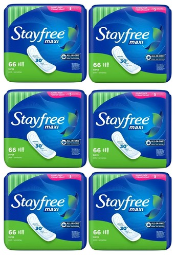 Stayfree Maxi Super Pads Wingless Absorbs 30% More (6 Packs of 66= 396 ...