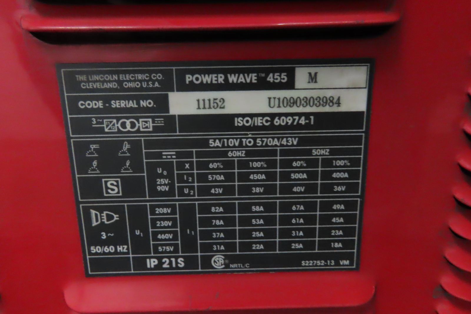 Lincoln 11152 Powerwave 455M Welder ArcLink Powerfeed 10M 450A 3Ph 230 ...