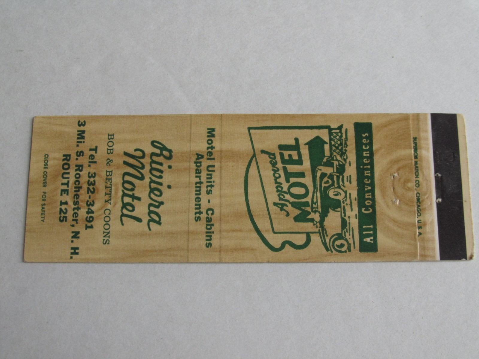 N338 Matchbook Cover New Hampshire NH Riviera Motel S Rochester South ...