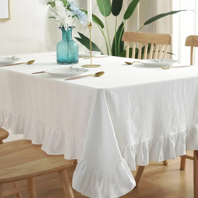 White Rectangular Tablecloth with Ruffles Plain Tablecloth Dining Table ...
