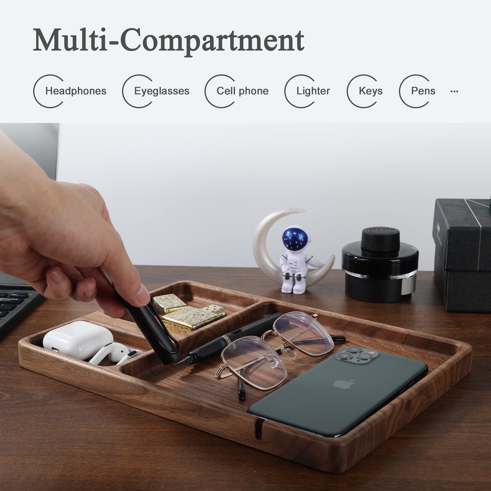 Walnut Wooden Valet Tray – Bedside Table Organizer for Men Dad EDC ...