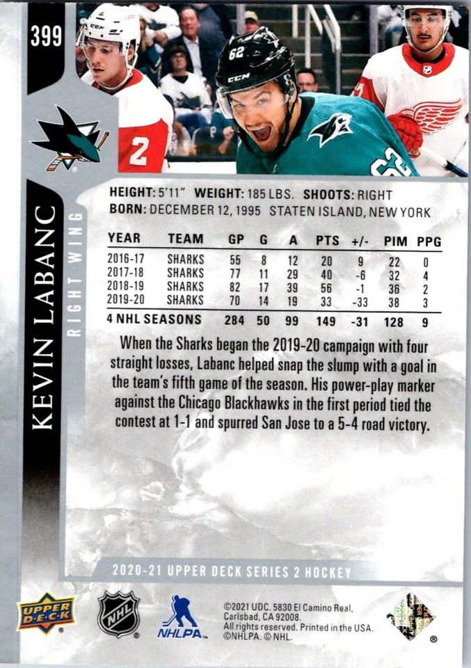 2020-21 Upper Deck Kevin Labanc #399 San Jose Sharks | eBay