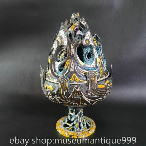 10" Old Chinese Bronze Inlaying Gilt silver Ware Dynasty Boshan incense ...