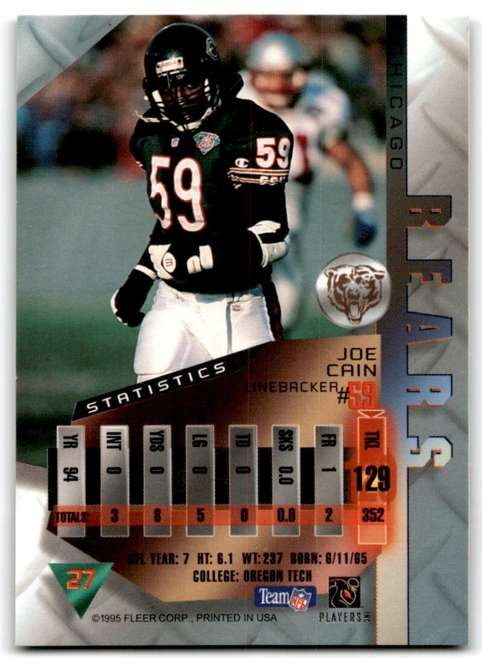 1995 Fleer Metal Joe Cain Chicago Bears #27 | eBay